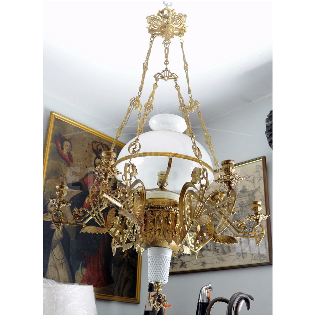 Quinqué Lámpara de porcelana y bronce